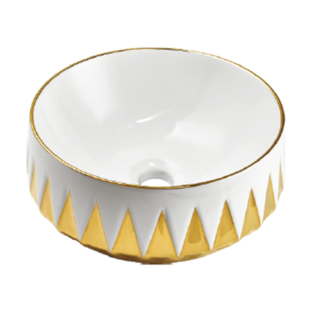 Round Pattern Triangle Art Basin 400 White And Gold | Millano Bathrooms