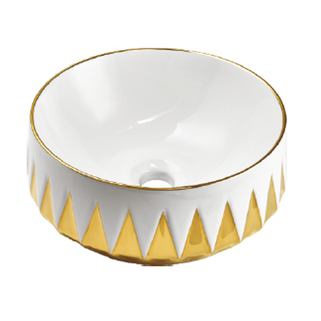Round Pattern Triangle Art Basin 400 White And Gold | Millano Bathrooms